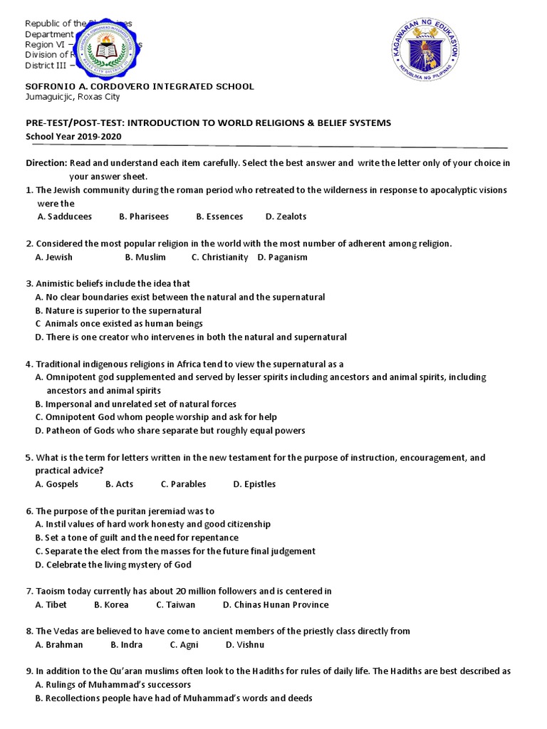 Pre-Test/Post-Test: Introduction To World Religions & Belief Systems ...