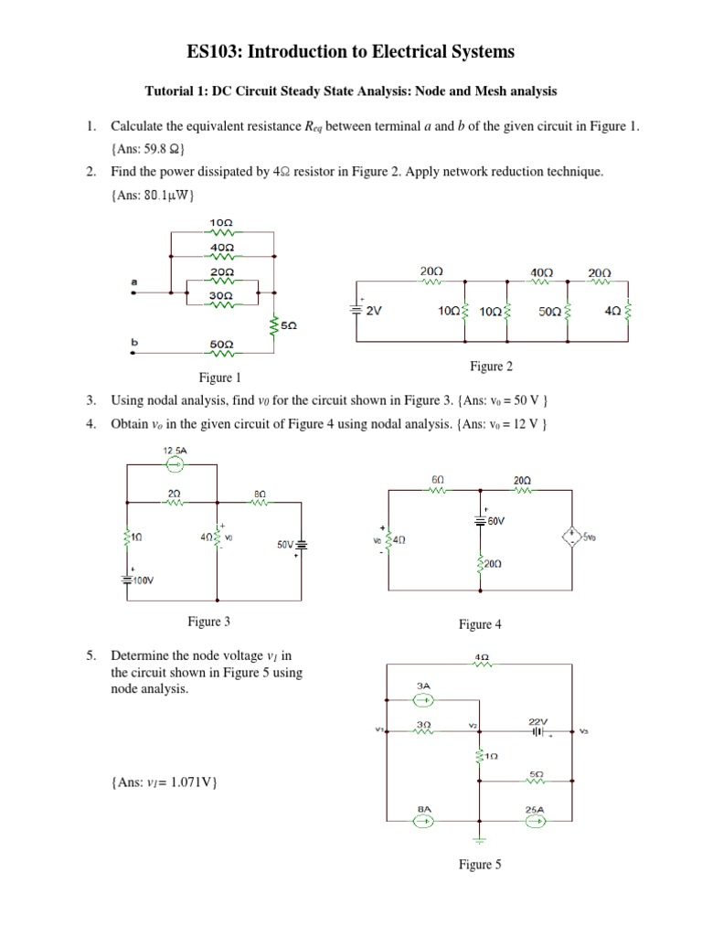 ES103: Introduction To Electrical Systems: Tutorial 1: DC Circuit Steady State Analysis: Node ...