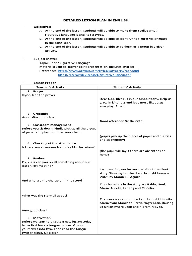 Detailed Lesson Plan in English | PDF | Lesson Plan | Metaphor