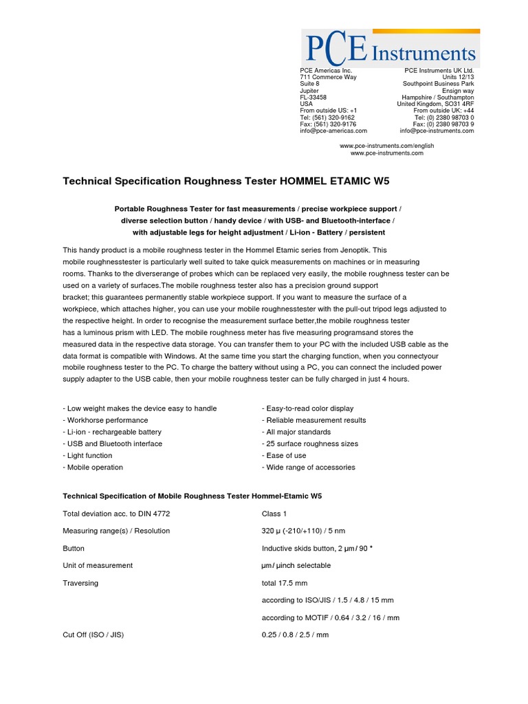 Hommel Etamic W5 Roughness Tester Specs | PDF | Surface Roughness | Usb