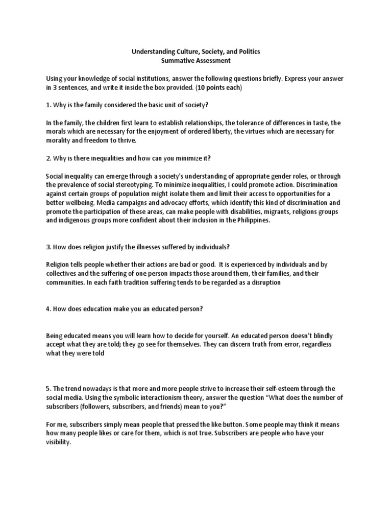 Understanding Culture, Society, and Politics Summative Assessment | PDF