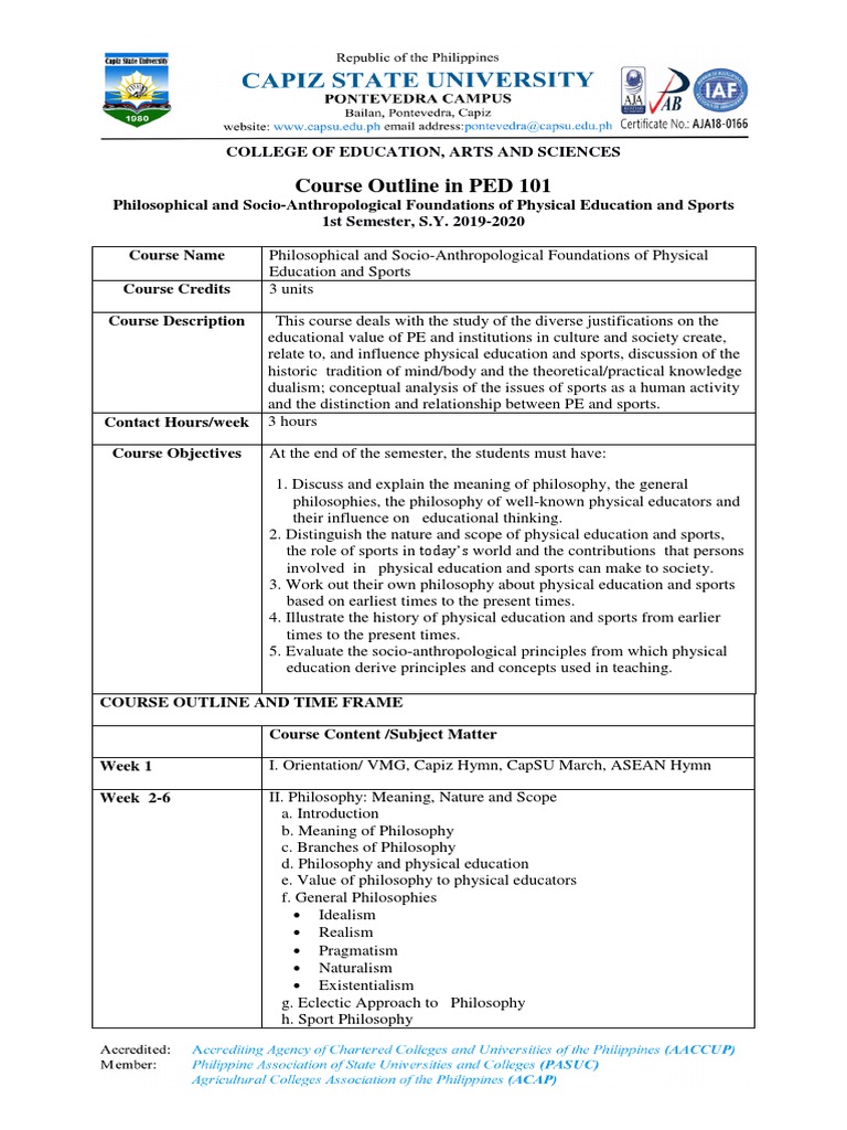 Course Outline in PED 101 SY 2019 ISO Form | PDF | Physical Education ...