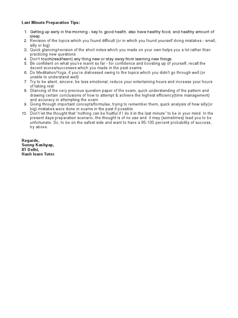 Last Minute Exam Preparation Tips | PDF