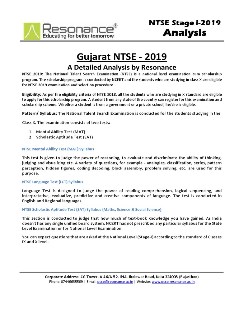 Gujarat NTSE - 2019: Analysis Analysis Analysis Analysis | PDF | Sat ...