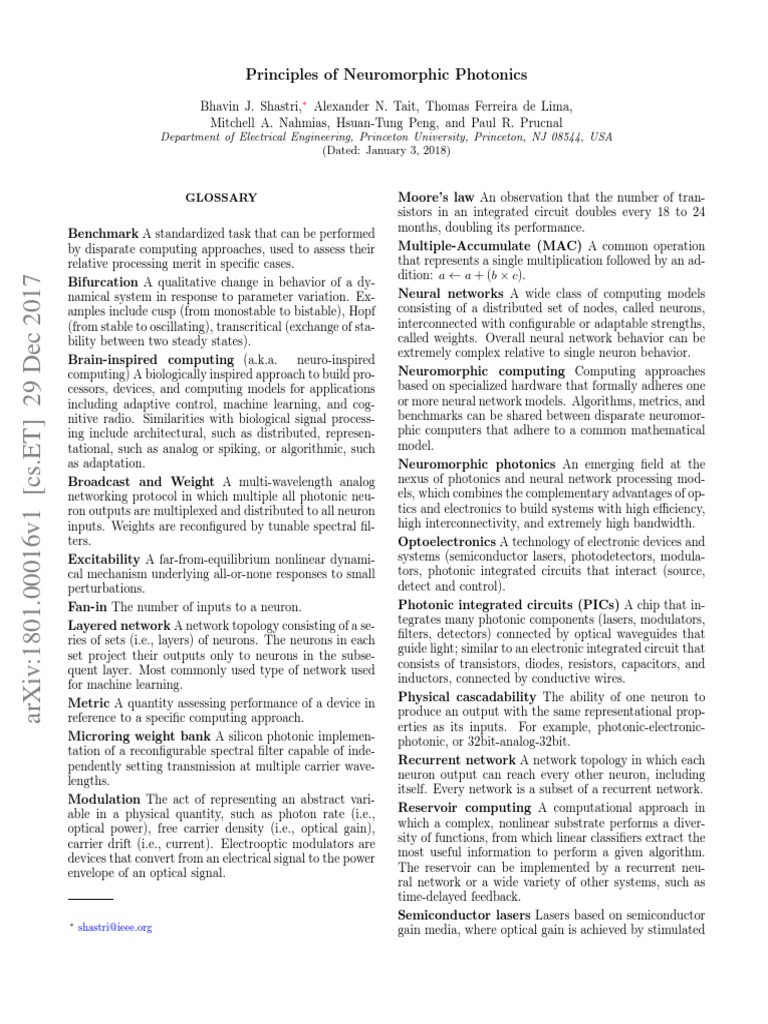 Principles of Neuromorphic Photonics PDF | PDF | Photonics | Central ...