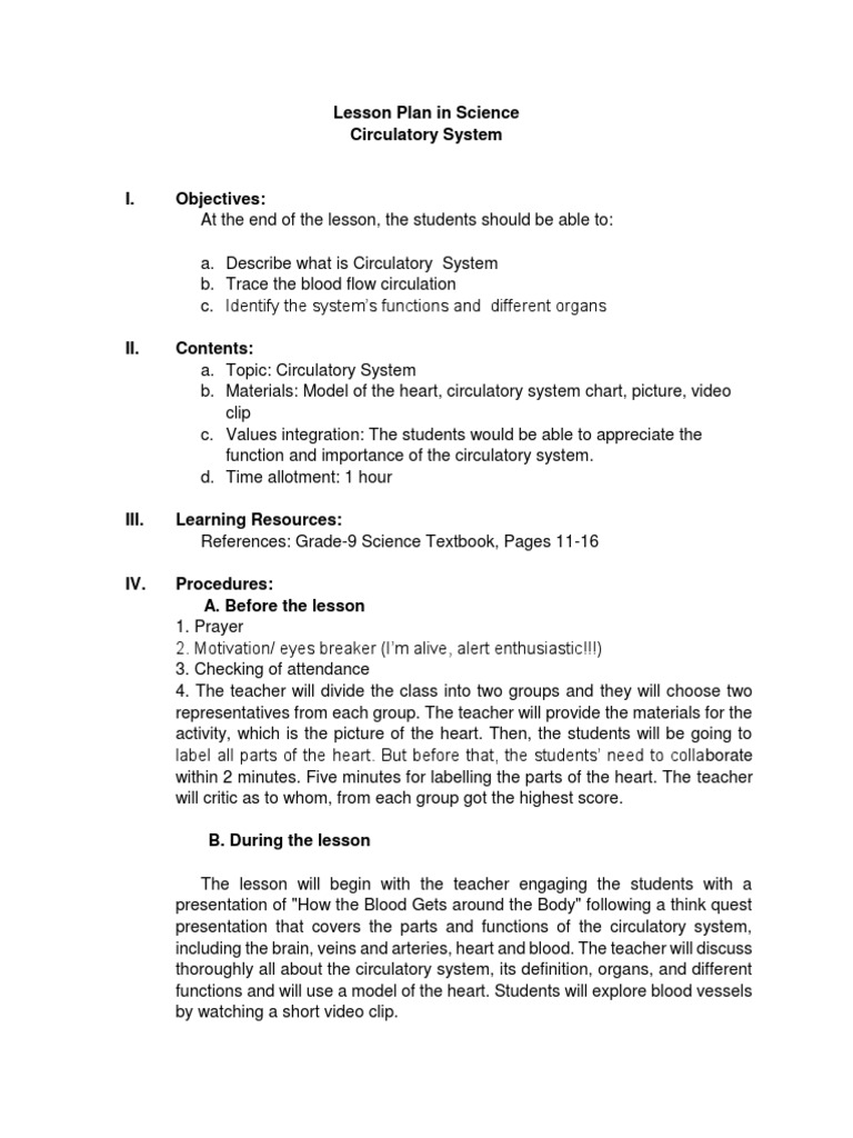 Circulatory System Lesson Plan | PDF | Heart Valve | Atrium (Heart)
