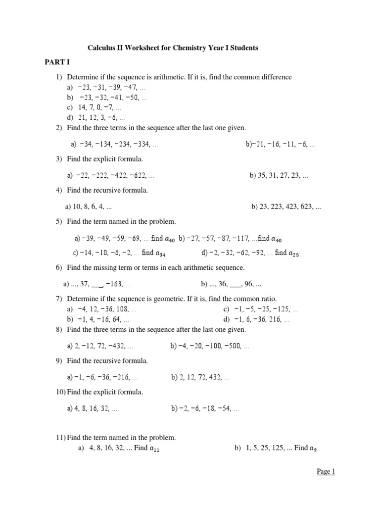 Calculus II Worksheet For Chemistry Year I Students | PDF ...