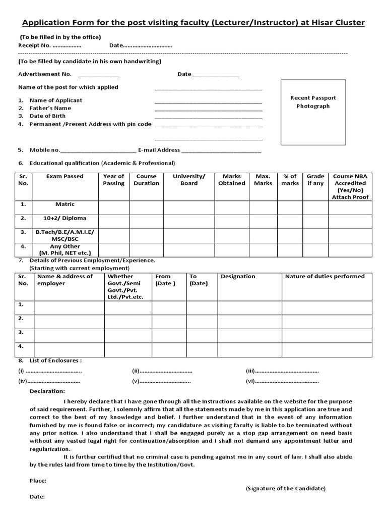 Application Form For The Post Visiting Faculty (Lecturer/Instructor) at ...