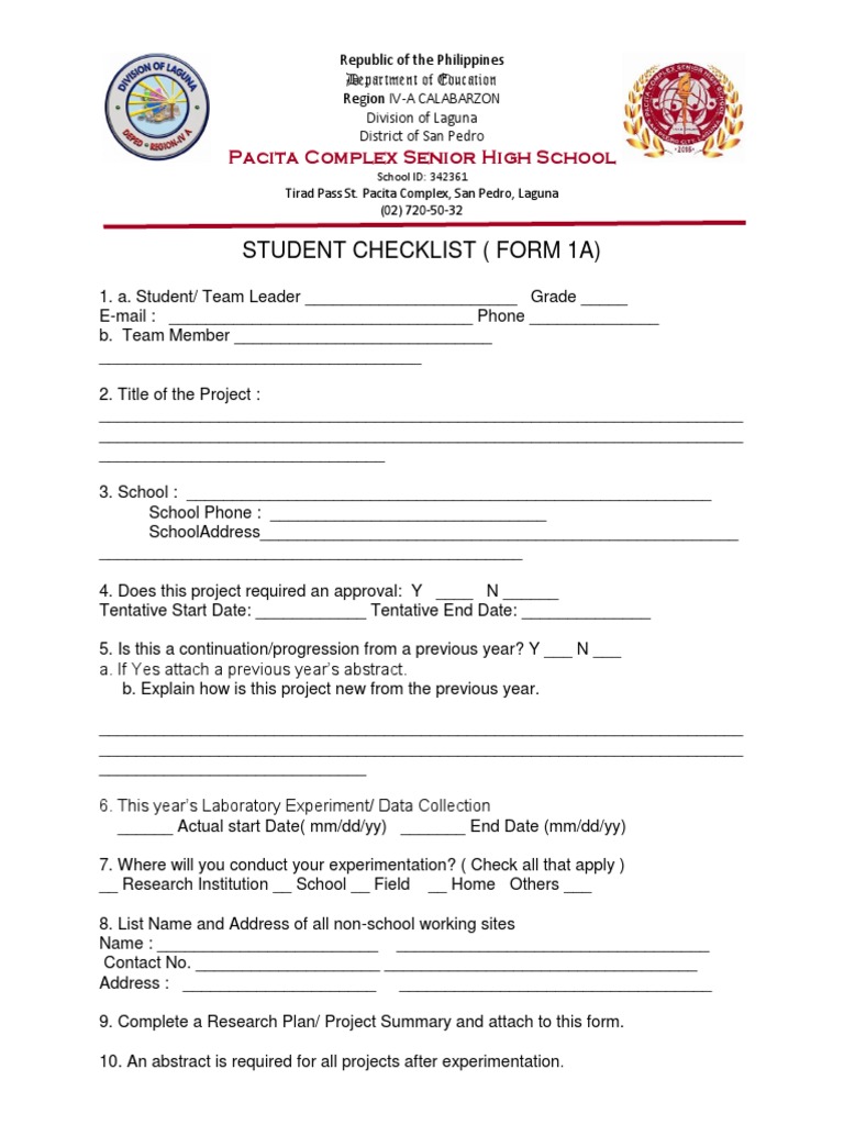 Student Checklist (Form 1A) : Pacita Complex Senior High School | PDF