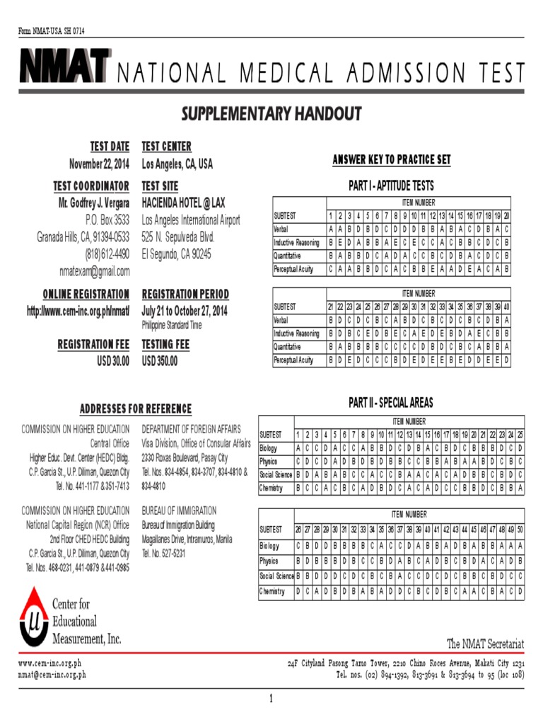 Nmat Usa November 22 2014 Supplementary Handout | PDF | Philippines