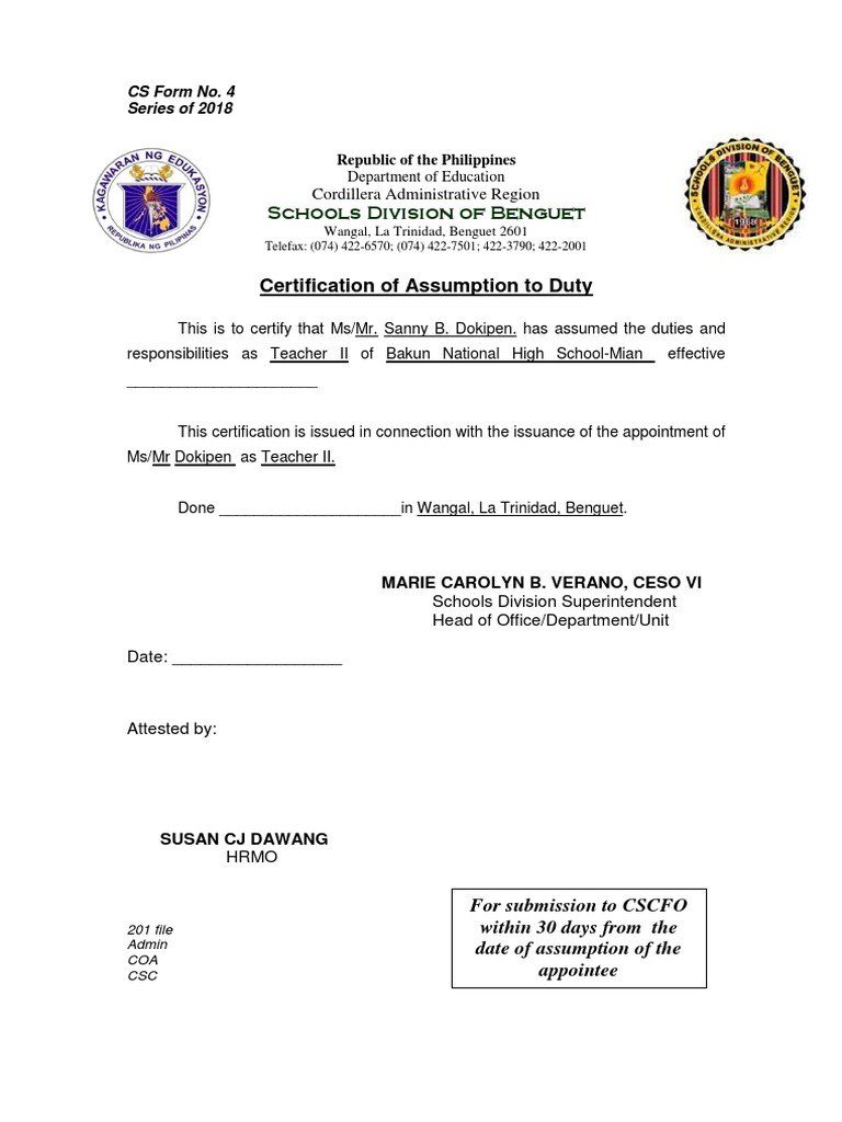 CS Form No. 4 Certification of Assumption To Duty | PDF