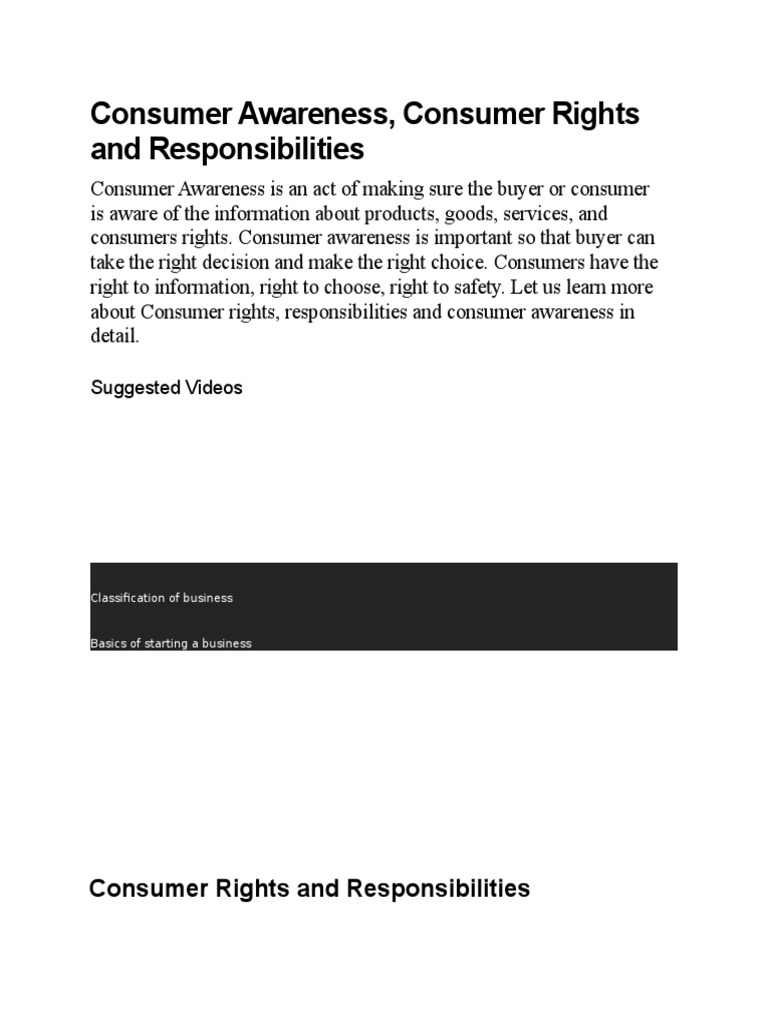 Consumer Awareness, Consumer Rights and Responsibilities | PDF ...