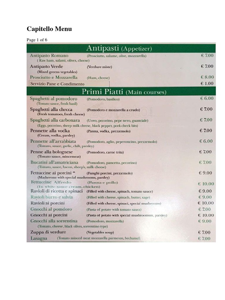 Capitello Menu: Page 1 of 6 | PDF