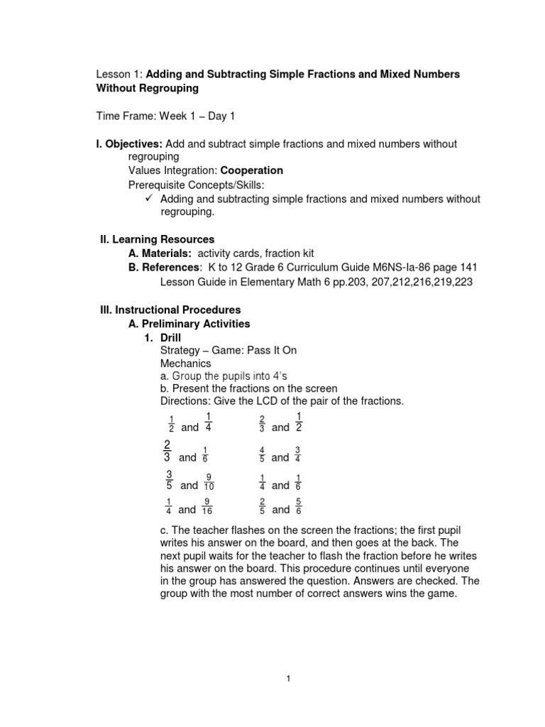 Math 6 DLP - Q1 | PDF | Fraction (Mathematics) | Subtraction