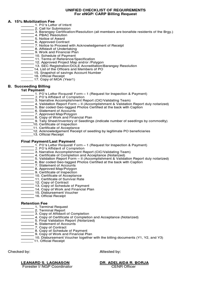 Unified Checklist of Requirements For eNGP/ CARP Billing Request A. 15% ...