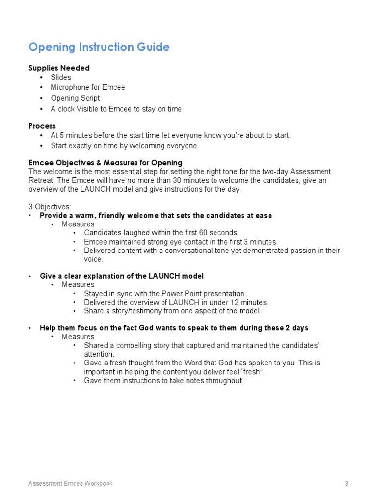 Emcee - Opening Instruction Guide Script PDF | PDF | Homework