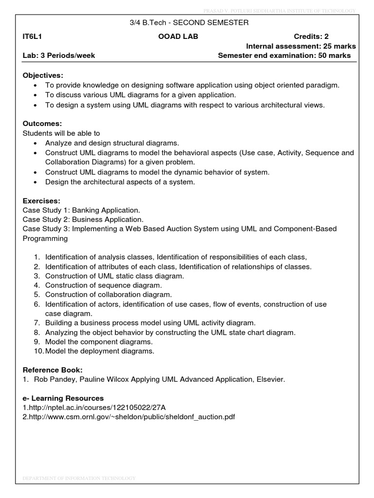 IT6L1 Ooad Lab Credits: 2 Internal Assessment: 25 Marks Lab: 3 Periods/week Semester End ...