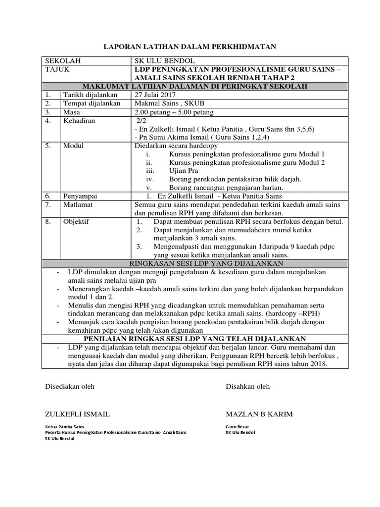 LAPORAN LATIHAN DALAM PERKHIDMATAN Amali Sains | PDF