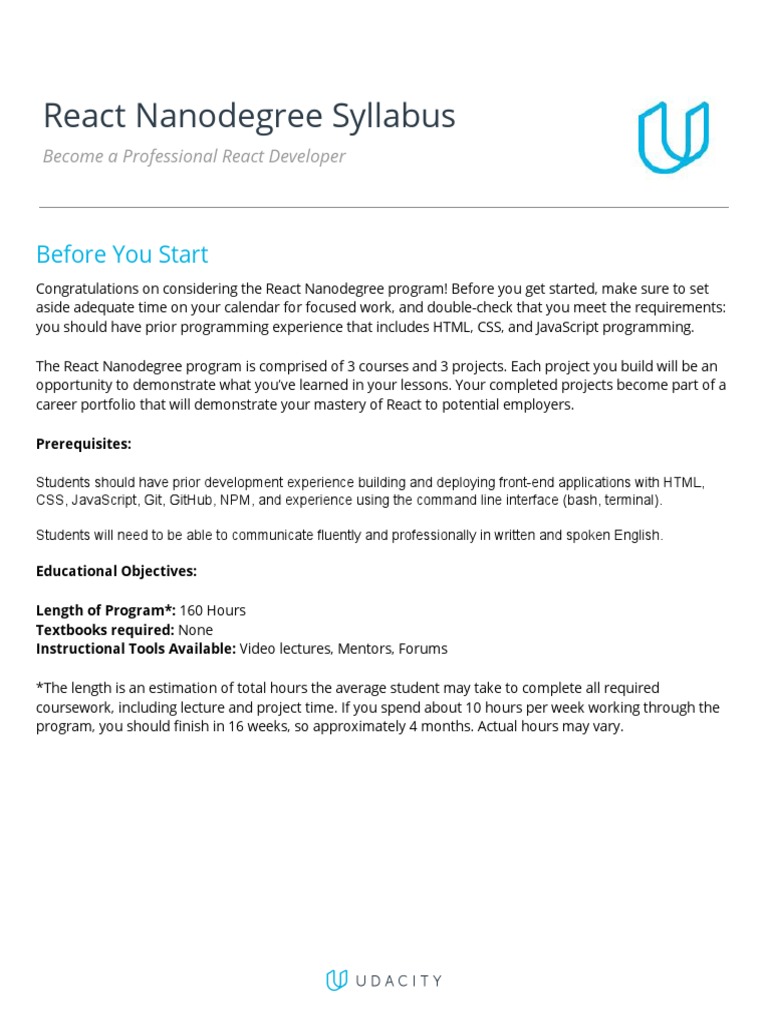 React Nanodegree Syllabus Before You Start Pdf