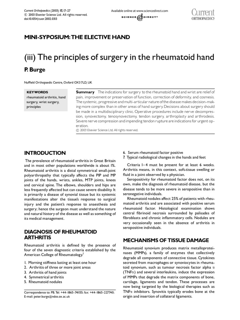 Rheumatoid Hand Surgery | PDF | Rheumatoid Arthritis | Arthritis