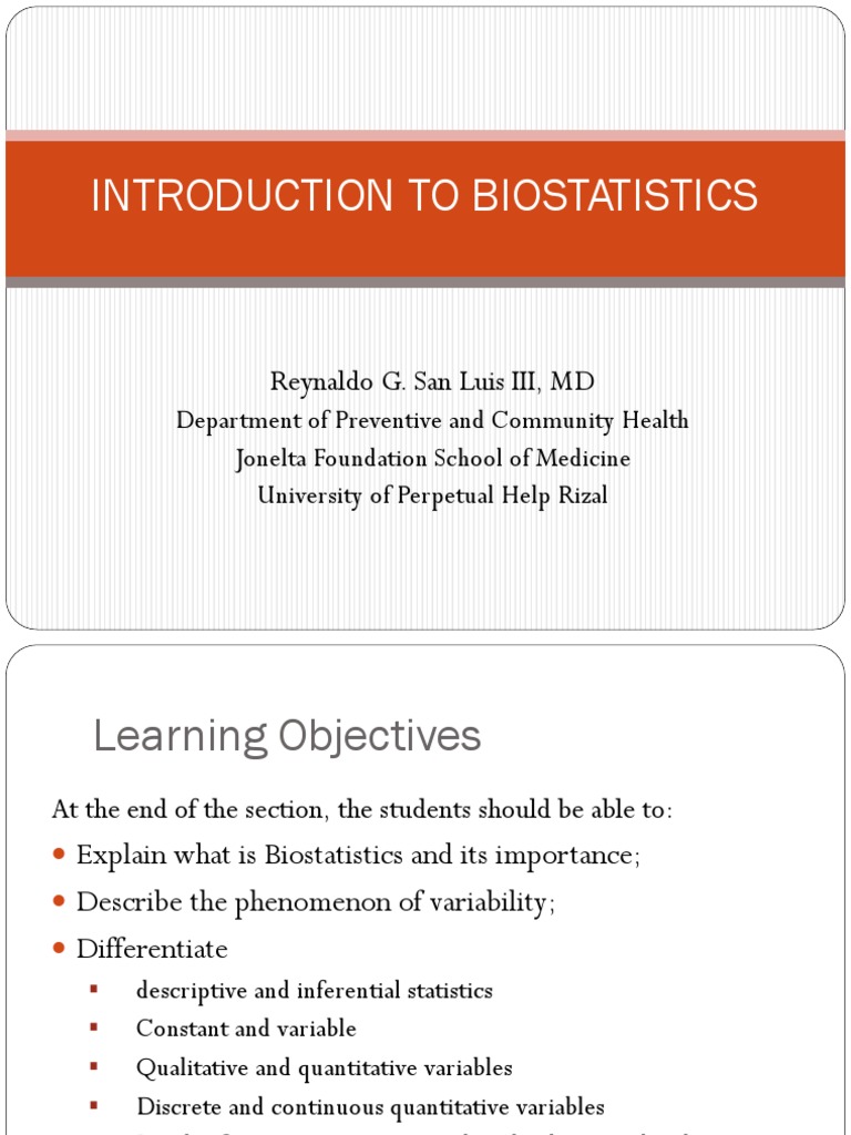 Introduction To Biostatistics: Reynaldo G. San Luis III, MD | PDF | Biostatistics | Level Of ...