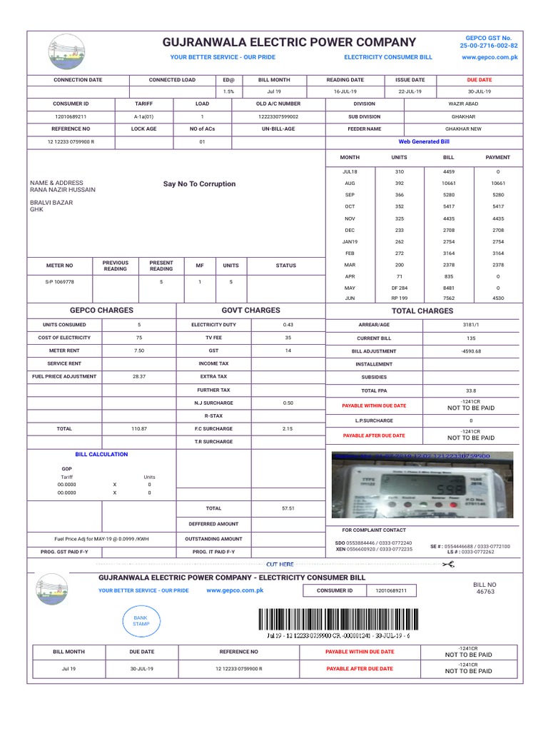 Gujranwala GEPCO Electricity Bill Summary | PDF | Government Finances ...