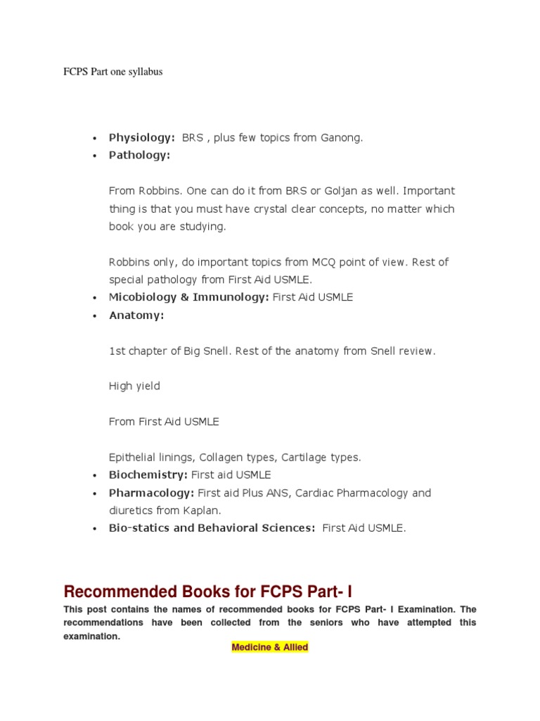 FCPS Part 1 syllabus and book recommendations | PDF | Pathology ...