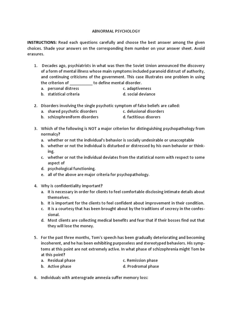 Abnormal Psychology Quiz Questions | PDF | Mental Disorder ...