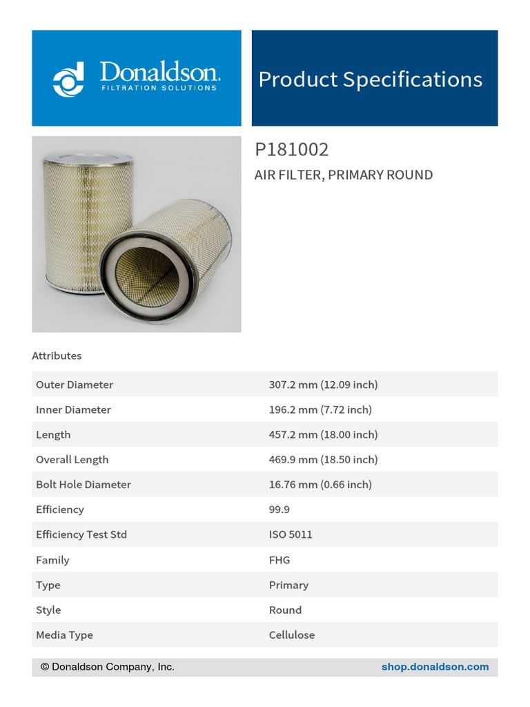 Product Specifications: Air Filter, Primary Round | PDF