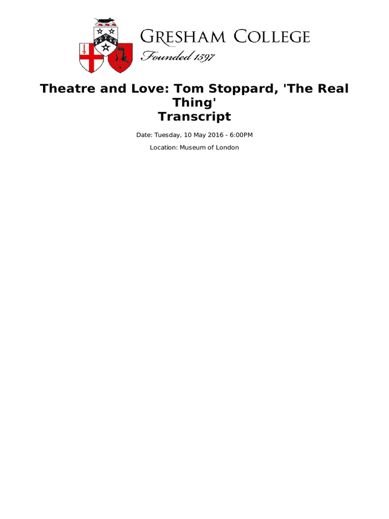 Theatre and Love: Tom Stoppard, 'The Real Thing' Transcript | PDF