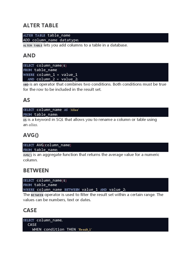Alter Table: Table - Name ADD Column - Name Datatype | PDF | Table ...