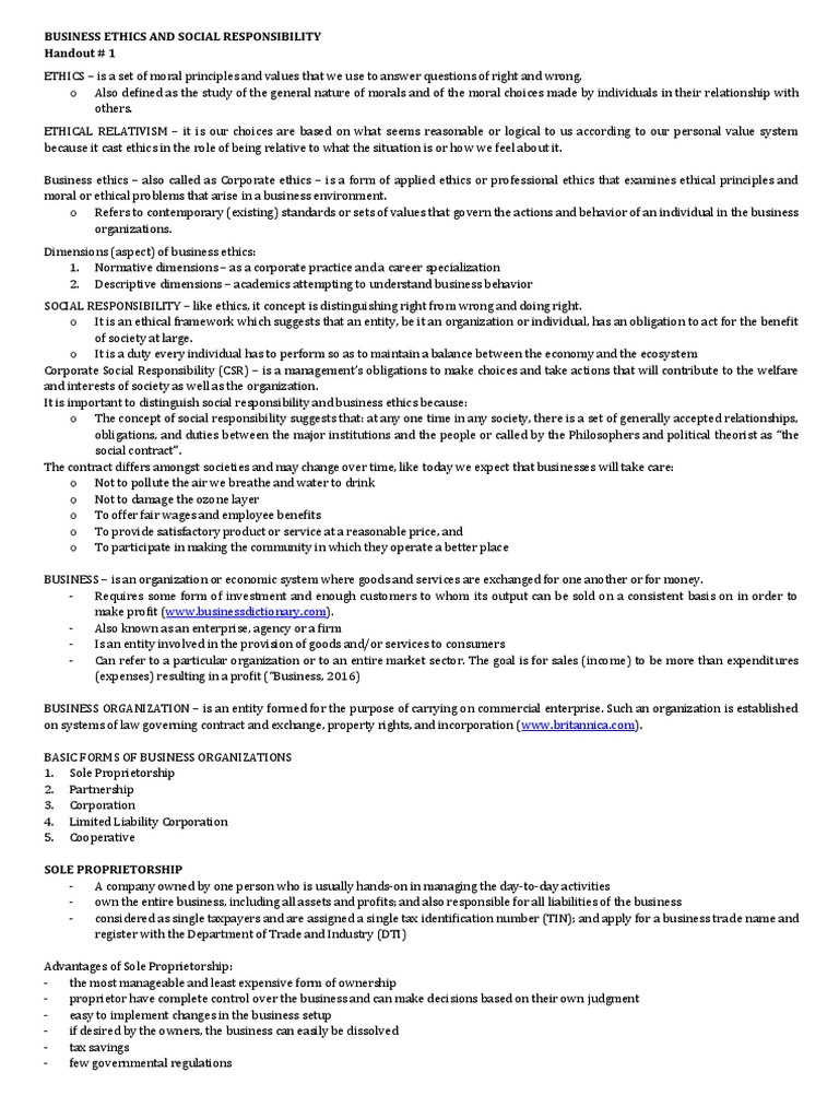 HANDOUT 1 - Business Ethics | PDF | Partnership | Corporations