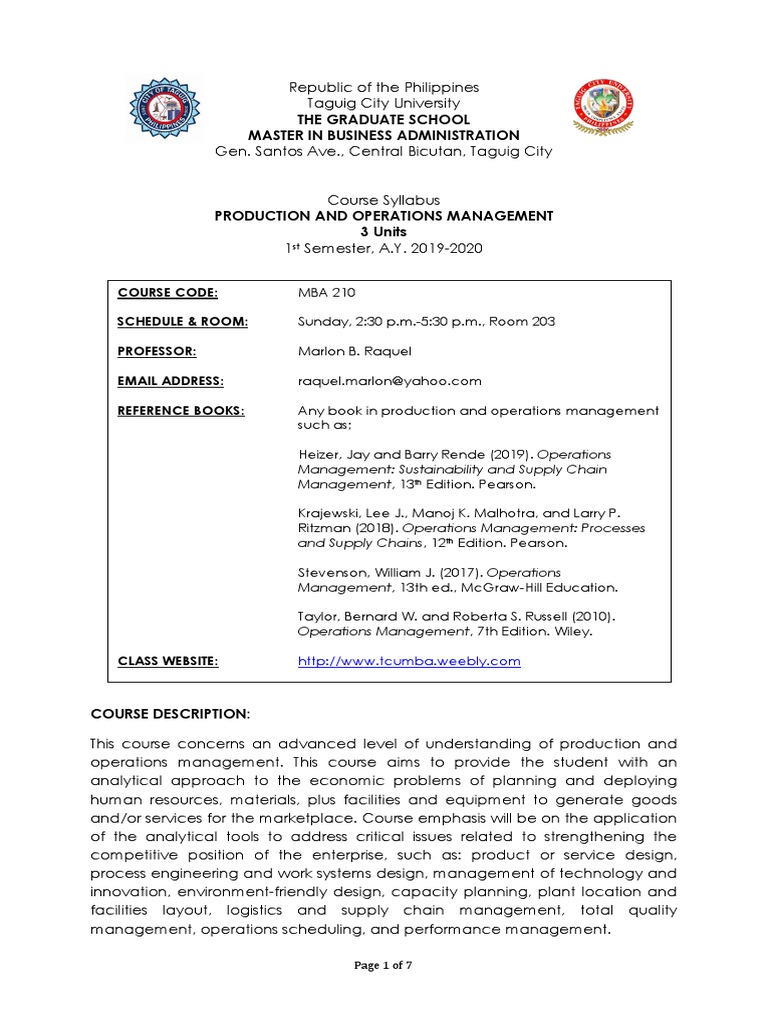 Course Syllabus - Pom 1st Sem Ay 2019-2020 | PDF | Supply Chain | Forecasting