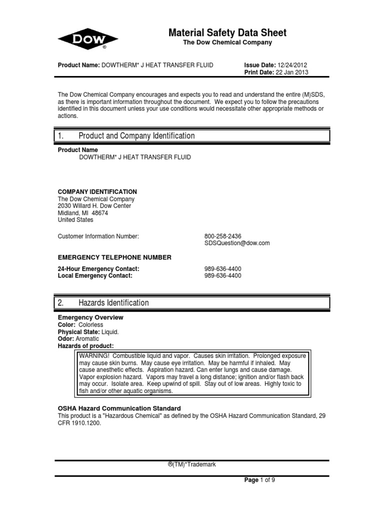Dowtherm J Heat Transfer Fluid MSDS | PDF | Firefighting | Toxicity