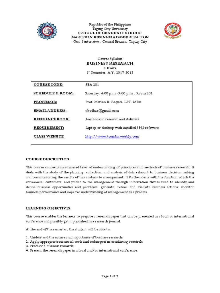 Course Syllabus - Business Research 1st Sem Ay 2017-2018 | PDF ...
