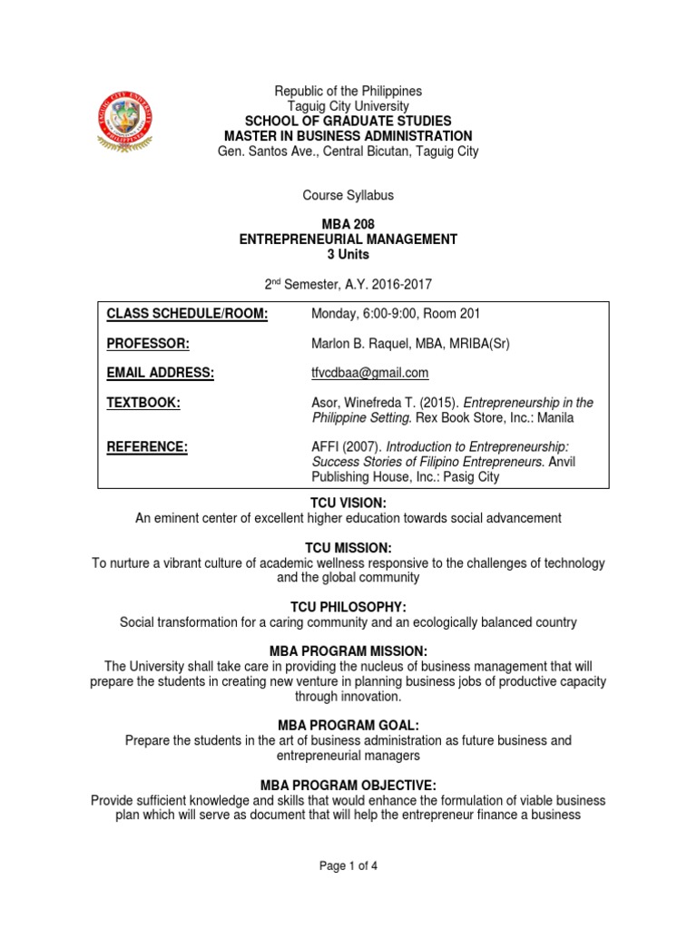 Syllabus Entrepreneurial Management | PDF | Entrepreneurship | Master ...