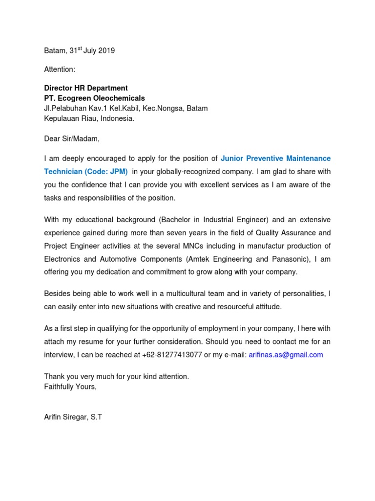 Director HR Department PT. Ecogreen Oleochemicals: Junior Preventive Maintenance Technician ...