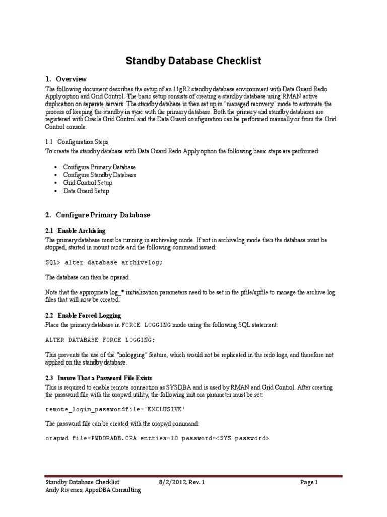Standby Database Checklist: 1. Overview | PDF | Oracle Database | Port (Computer Networking)