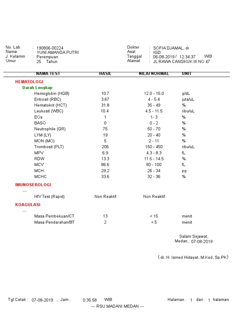 Hasil Nilai Normal Unit Nama Test: Darah Lengkap | PDF