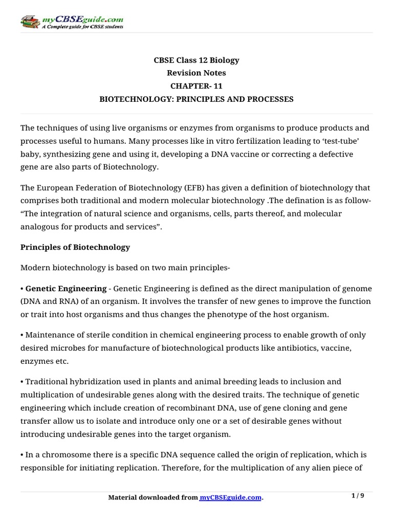 12 Biology Notes Ch11 Biotechnology Principles and Processes | PDF ...
