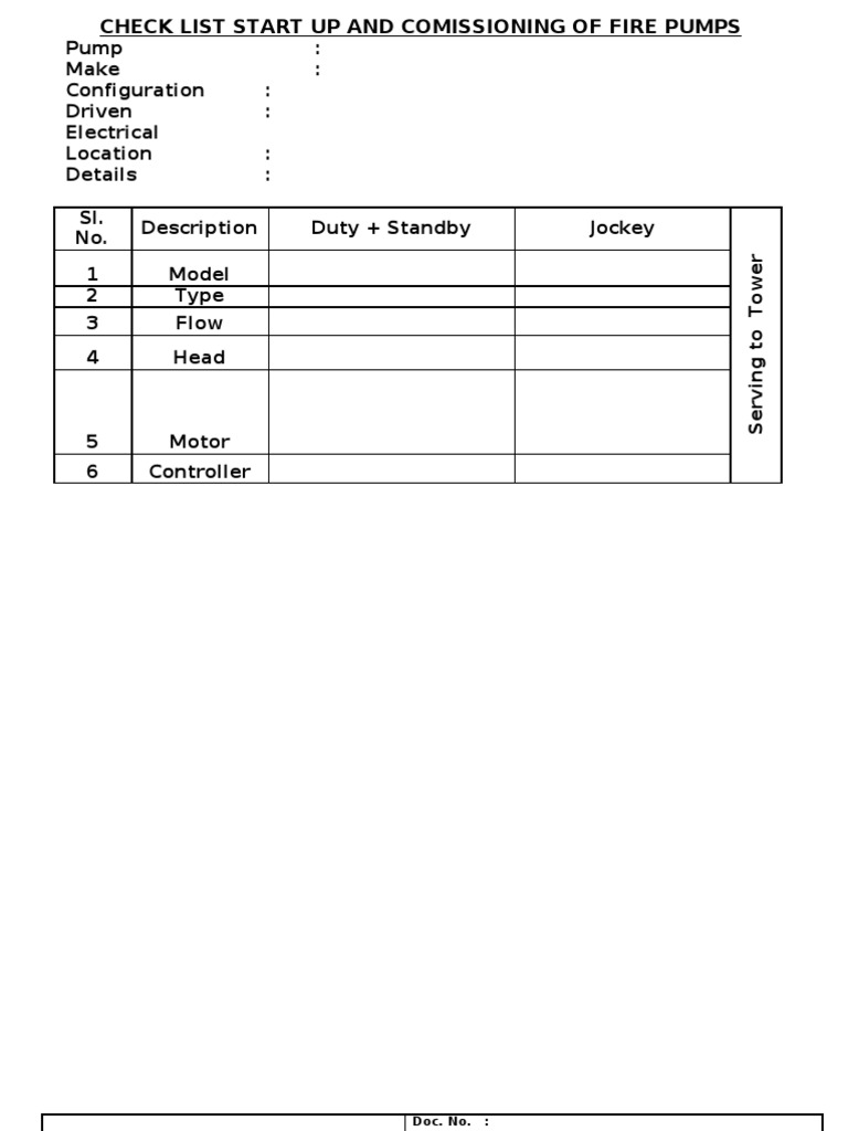 Check List Start Up and Comissioning of Fire Pumps 2 | PDF | Pump | Screw