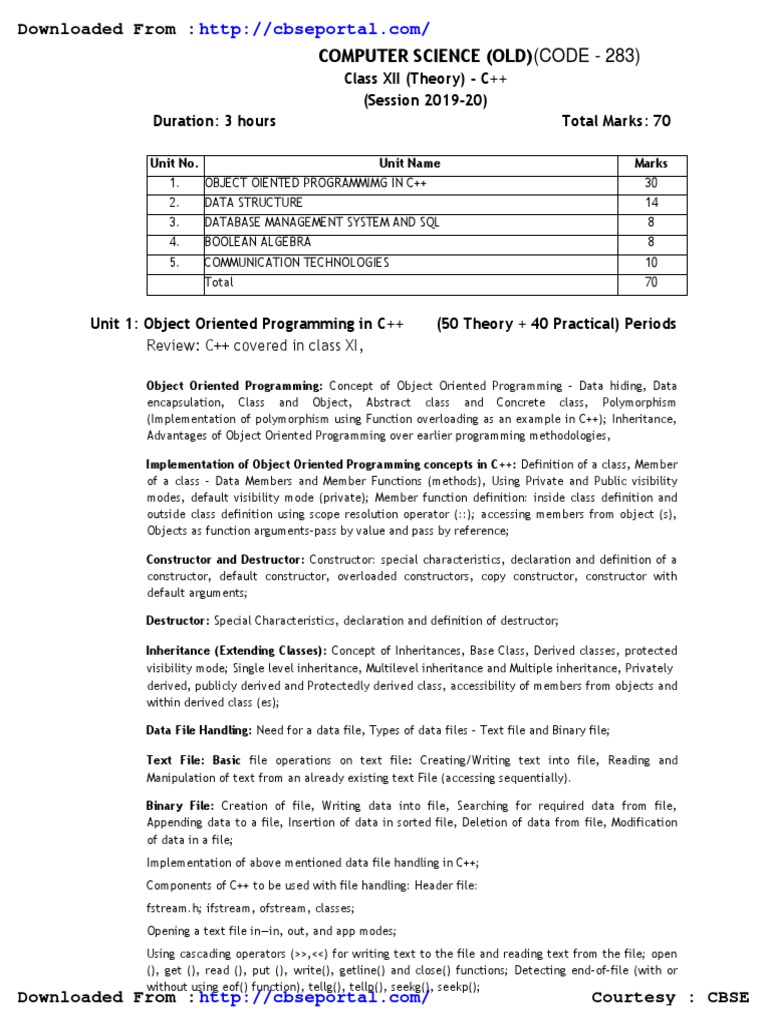 Cbse Class 12 Syllabus 2019 20 Computer Science Old | Download Free PDF | Method (Computer ...