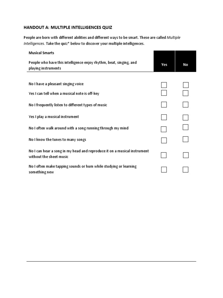 Multiple Intelligences Quiz Handout | PDF | Singing | Puzzles