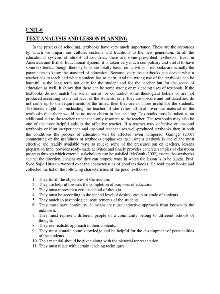 UNIT-6 Text Analysis and Lesson Planning | PDF | Books | Textbook