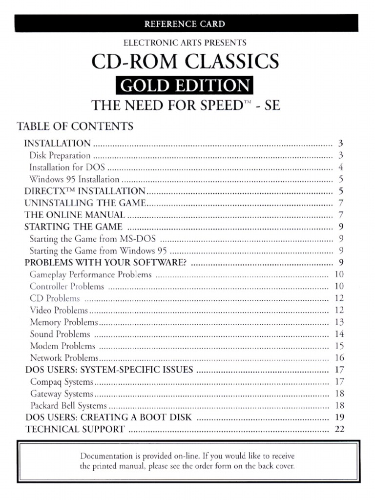 Need For Speed SE (CD-ROM Classics Edition) - Reference Card | PDF ...