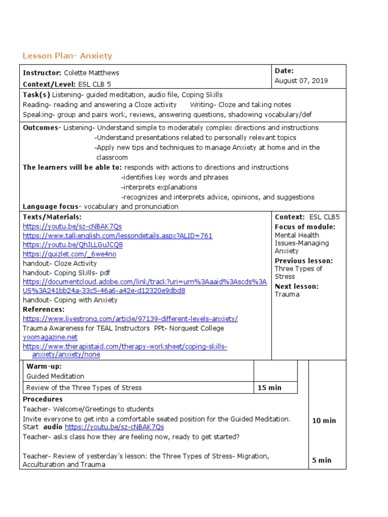 Lesson Plan Anxiety | PDF | Coping (Psychology) | Anxiety
