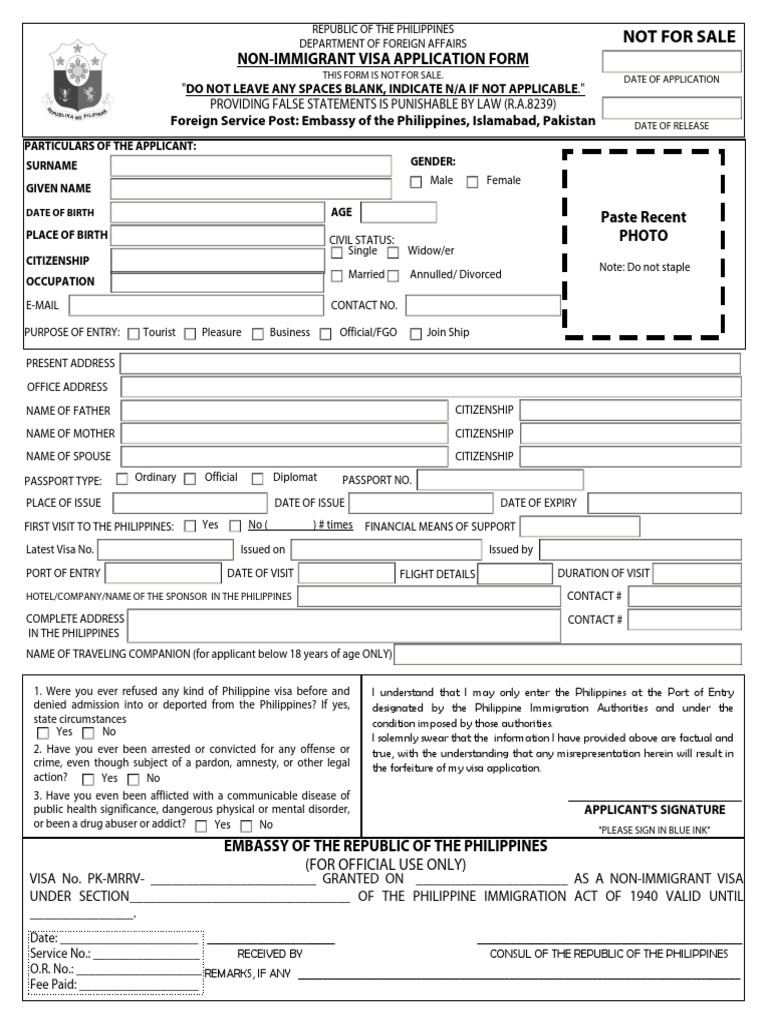 Non-Immigrant Visa Application Form: Foreign Service Post: Embassy of ...