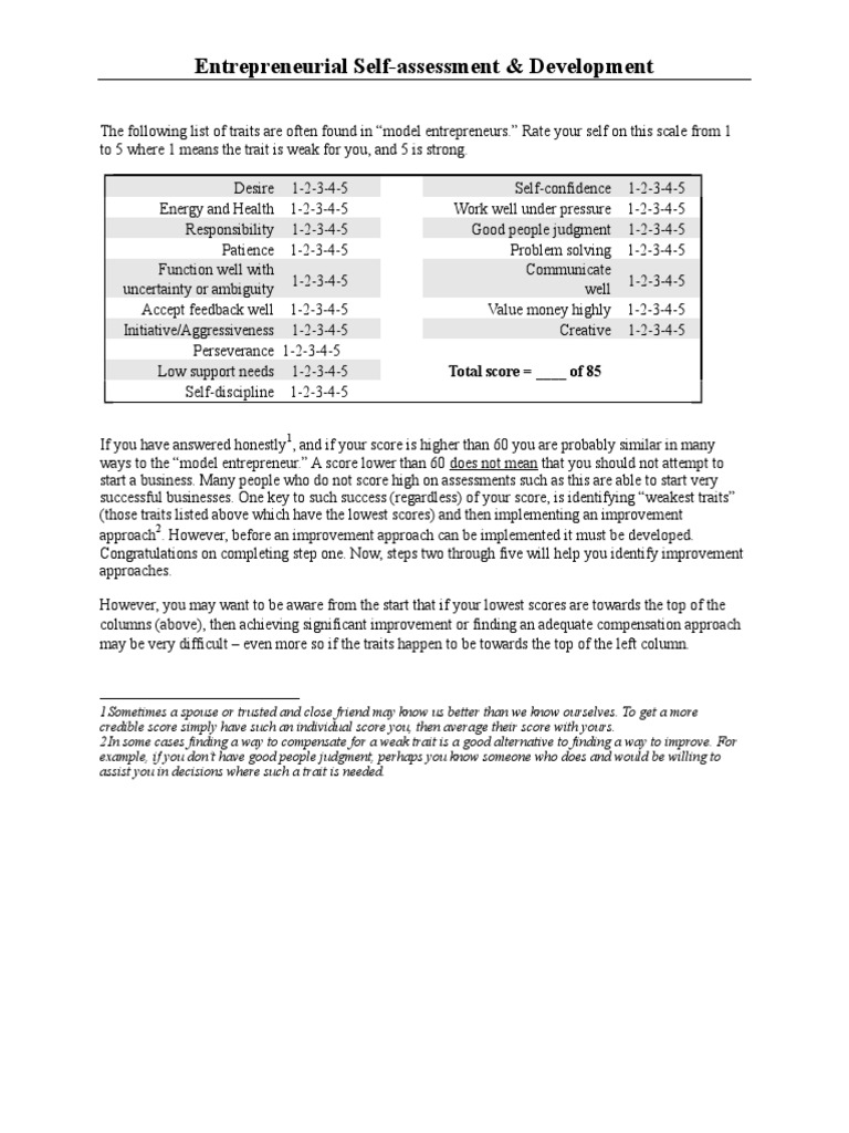 Entrepreneurial Self-Assessment & Development: Total Score - of 85 ...