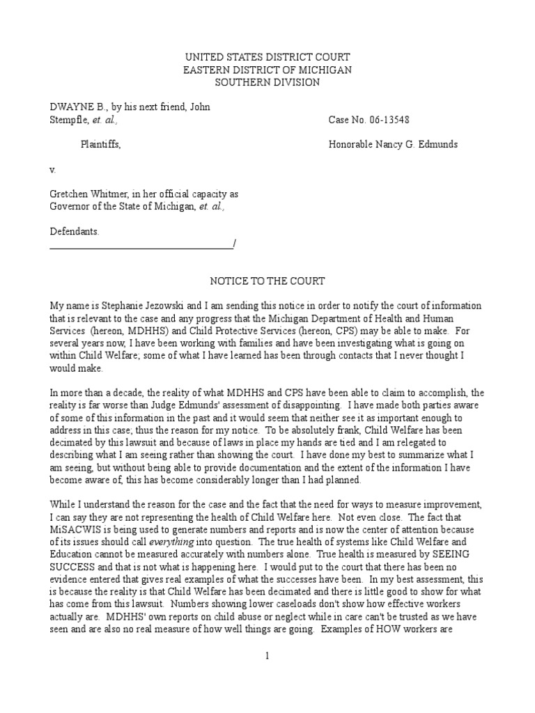 Statement of Stephanie Jezowski in The Michigan Children's Rights Case ...