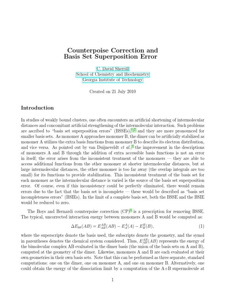 Counterpoise Correction and Basis Set Superposition Error | PDF ...